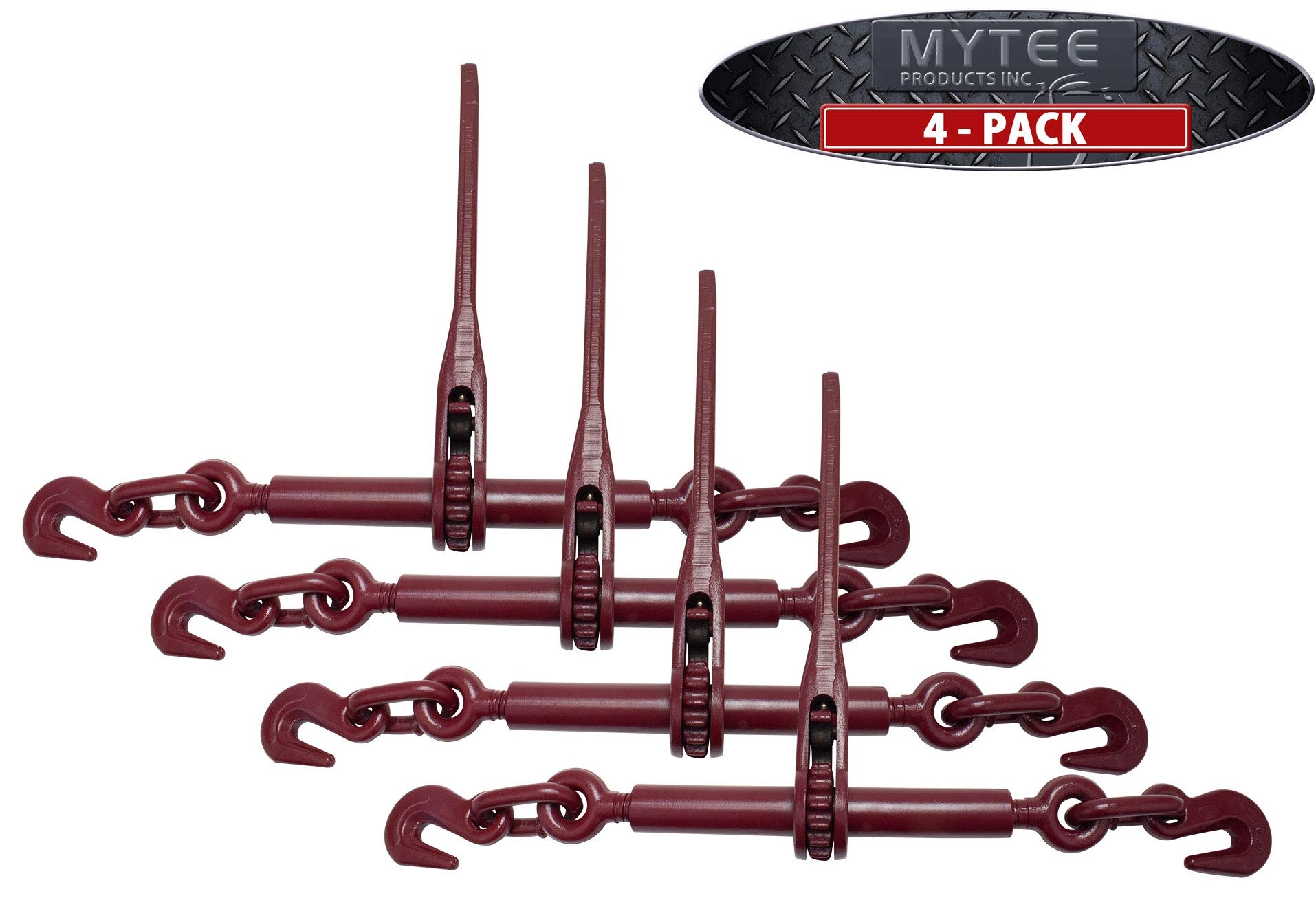 Mytee Products (4 Pack) 5/16"-3/8" Heavy Duty Ratchet Lever Load Binder w/Grab Hooks 5,400 Lbs Working Load Limit - Red | Tie Down Hauling Chain Binders for Flatbed Truck Trailer