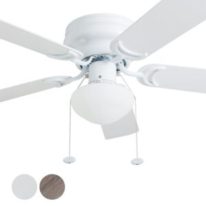 prominence home alvina, 42 inch traditional flush mount indoor led ceiling fan with light, pull chain, dual finish blades, reversible motor - 80092-01 (white)