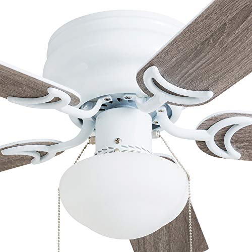 Prominence Home Alvina, 42 Inch Traditional Flush Mount Indoor LED Ceiling Fan with Light, Pull Chain, Dual Finish Blades, Reversible Motor - 80092-01 (White)