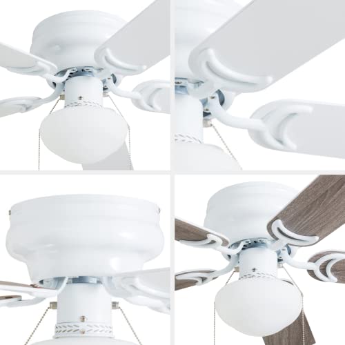 Prominence Home Alvina, 42 Inch Traditional Flush Mount Indoor LED Ceiling Fan with Light, Pull Chain, Dual Finish Blades, Reversible Motor - 80092-01 (White)