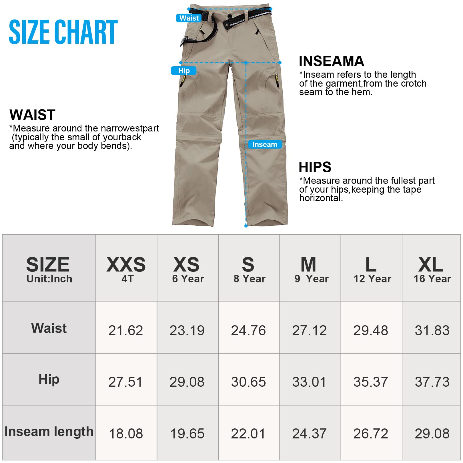 Asfixiado Little Kid, Boys Cargo Pants, Kids Youth Girls Athletic Outdoor Quick Dry Waterproof UPF 50+ Hiking Climbing Convertible Trousers #9017 Khaki-L