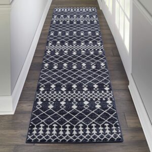 nourison royal moroccan farmhouse navy/grey 2'2" x 7'6" area rug, easy cleaning, non shedding, bed room, living room, dining room, kitchen (2x8)