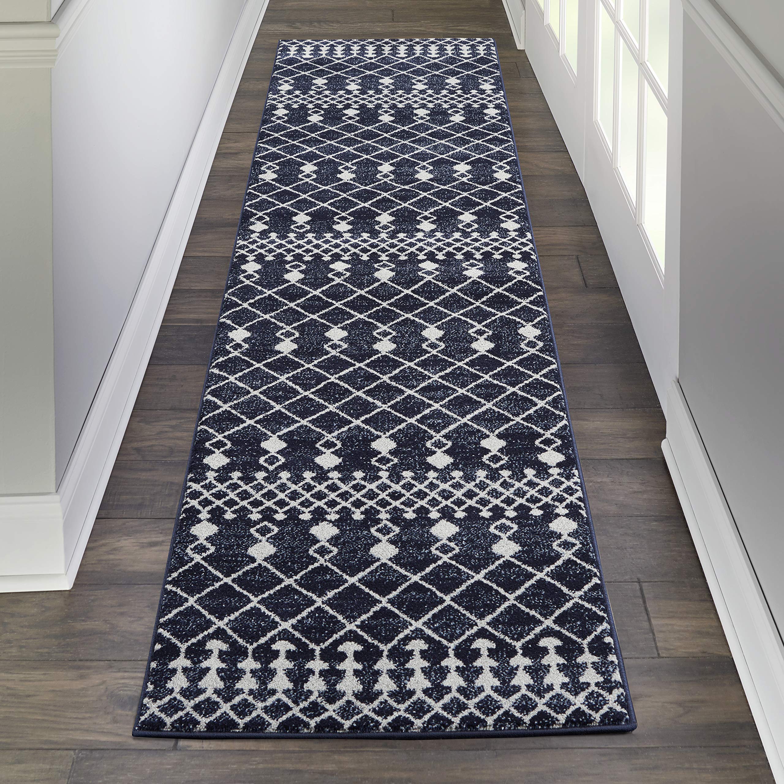 Nourison Royal Moroccan Farmhouse Navy/Grey 2'2" x 7'6" Area Rug, Easy Cleaning, Non Shedding, Bed Room, Living Room, Dining Room, Kitchen (2x8)