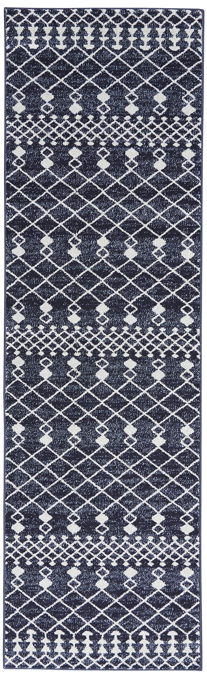 Nourison Royal Moroccan Farmhouse Navy/Grey 2'2" x 7'6" Area Rug, Easy Cleaning, Non Shedding, Bed Room, Living Room, Dining Room, Kitchen (2x8)