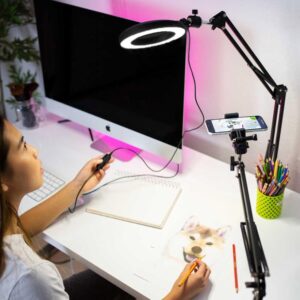 Phone Ring Light, 8'' Ring Light with 2 Suspension Arm Stand Compatible with iPhone 15 14 13 12 11 XR X XS Cell Phone for Baking,Craft,Calligraphy,Drawing,Online Lesson,Video Recording