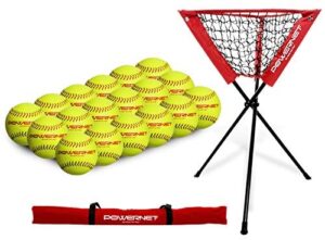 powernet 18 pk practice softballs with ball caddy bundle | perfect for softball soft toss batting fielding hitting pitching practice or training | save your back no more bending