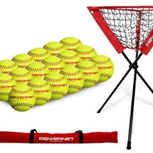 PowerNet 18 PK Practice Softballs with Ball Caddy Bundle | Perfect for Softball Soft Toss Batting Fielding Hitting Pitching Practice or Training | Save Your Back No More Bending