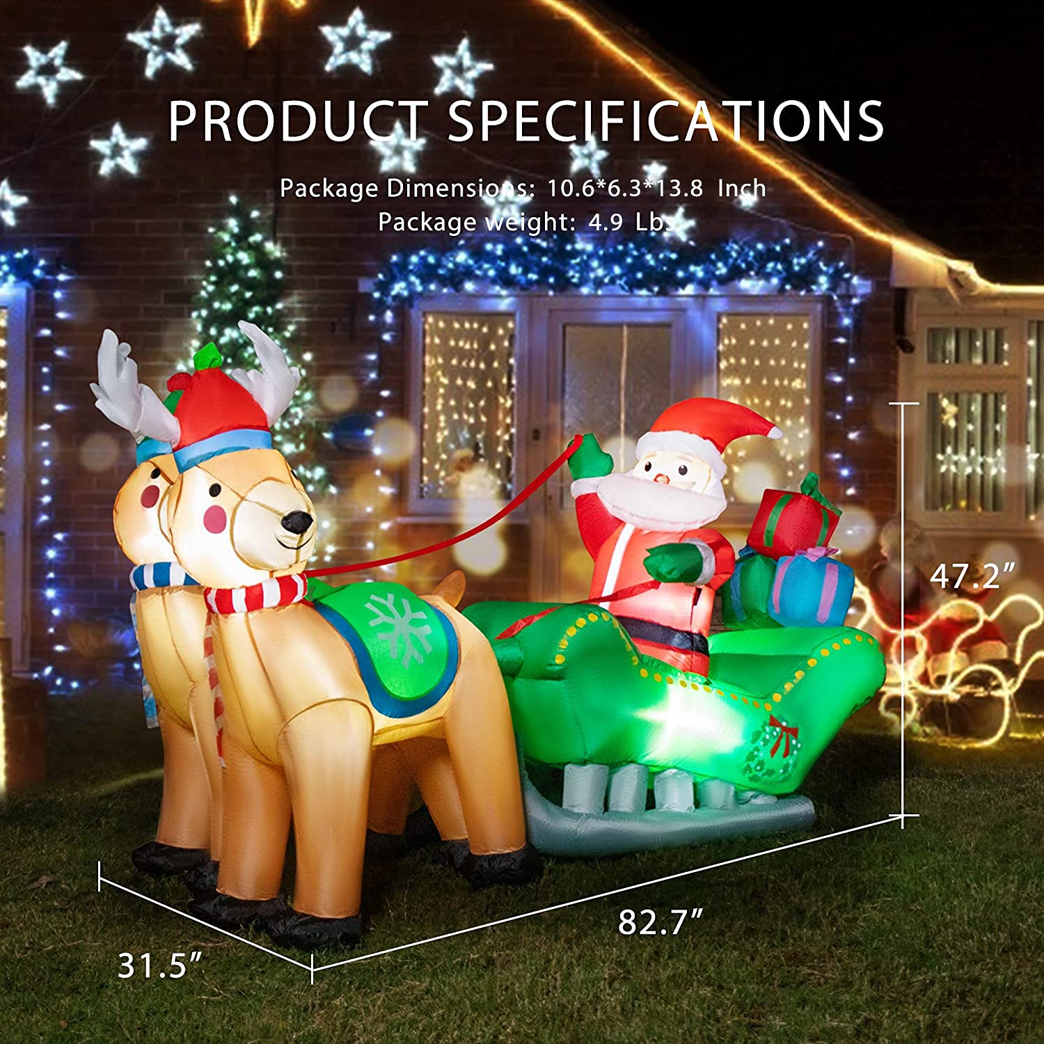 VIVOHOME 6.9ft Long Christmas Inflatable LED Lighted Santa on Green Sleigh with Reindeers and Gift Boxes Blow up Outdoor Yard Decoration