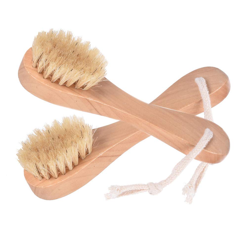 Natural Bristles Wooden Face Cleaning Brush Wood Handle Facial Cleanser Nose Scubber Exfoliating Facial Skin Care Pack of 2