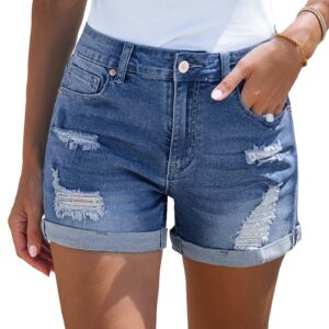 LookbookStore Jean Shorts for Women Summer Ripped Denim Shorts Women Stretchy Jean Shorts 2024 Women High Waist Ripped Folded Hem Distressed Denim Jean Shorts Pants Navy Peony Size L Size 12 Size 14