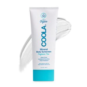 coola organic mineral sunscreen spf 50 sunblock body lotion, dermatologist tested skin care for daily protection, vegan and gluten free, fragrance free, 5 fl oz