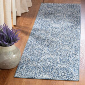 safavieh brentwood collection 2' x 12' navy / light grey bnt860m floral damask ogee trellis non-shedding living room bedroom runner rug