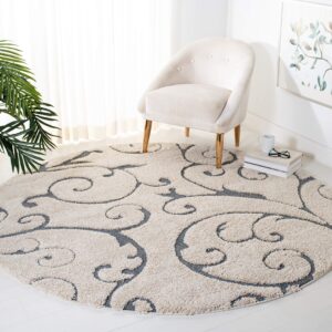 safavieh florida shag collection 4' round beige/blue grey sg455 scrolling vine graceful swirl textured non-shedding living room bedroom dining room entryway plush 1.2-inch thick area rug