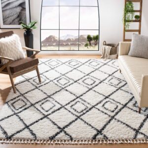 safavieh moroccan tassel shag collection area rug - 5'3" x 7'6", ivory & dark grey, boho design, non-shedding & easy care, 1.5-inch thick ideal for high traffic areas in living room, bedroom (mts335a)