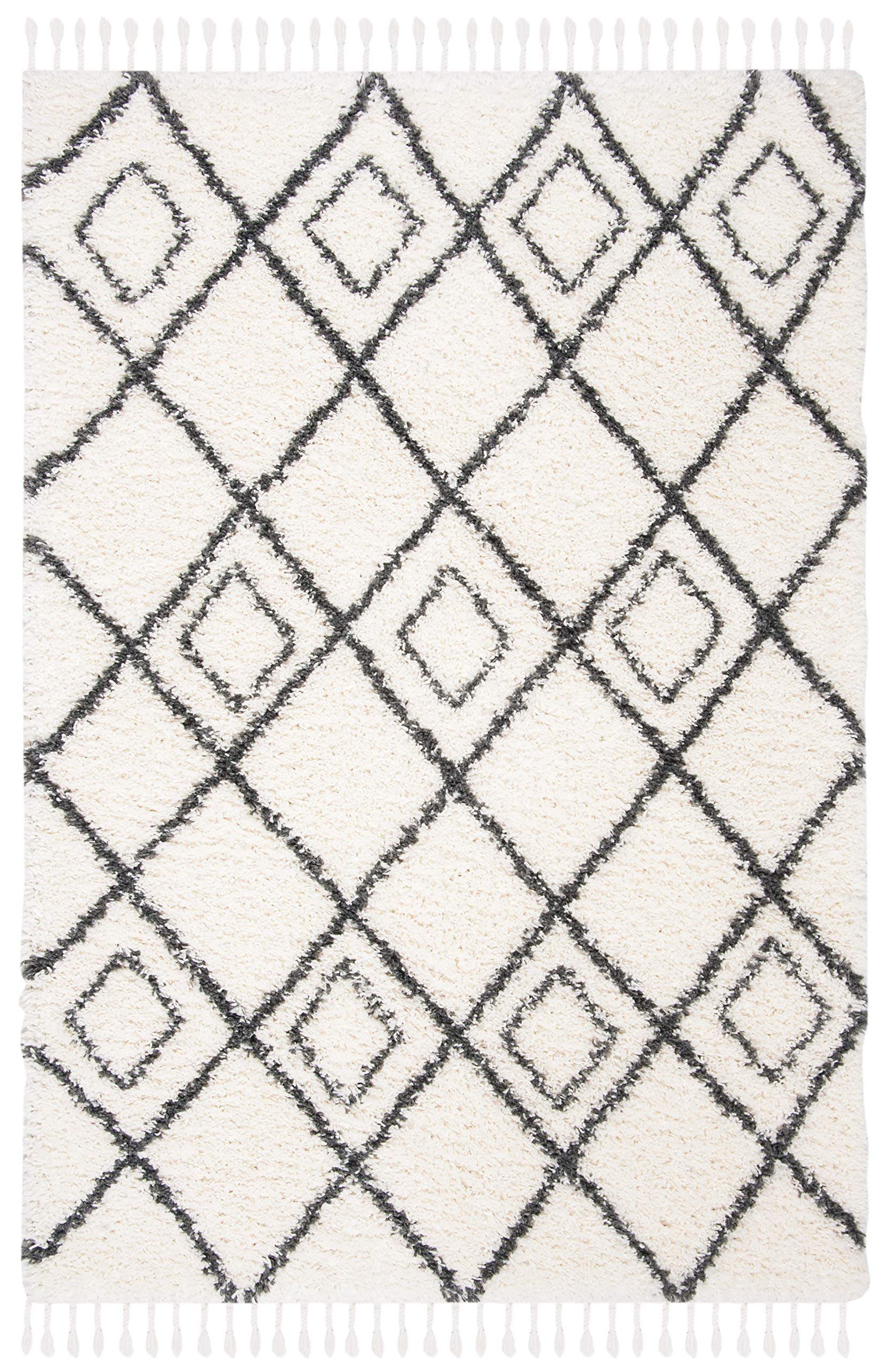 SAFAVIEH Moroccan Tassel Shag Collection Area Rug - 5'3" x 7'6", Ivory & Dark Grey, Boho Design, Non-Shedding & Easy Care, 1.5-inch Thick Ideal for High Traffic Areas in Living Room, Bedroom (MTS335A)