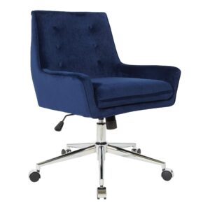 osp home furnishings quinn mid-century style plush office chair with back button tufting and chrome finish steel base, midnight blue velvet