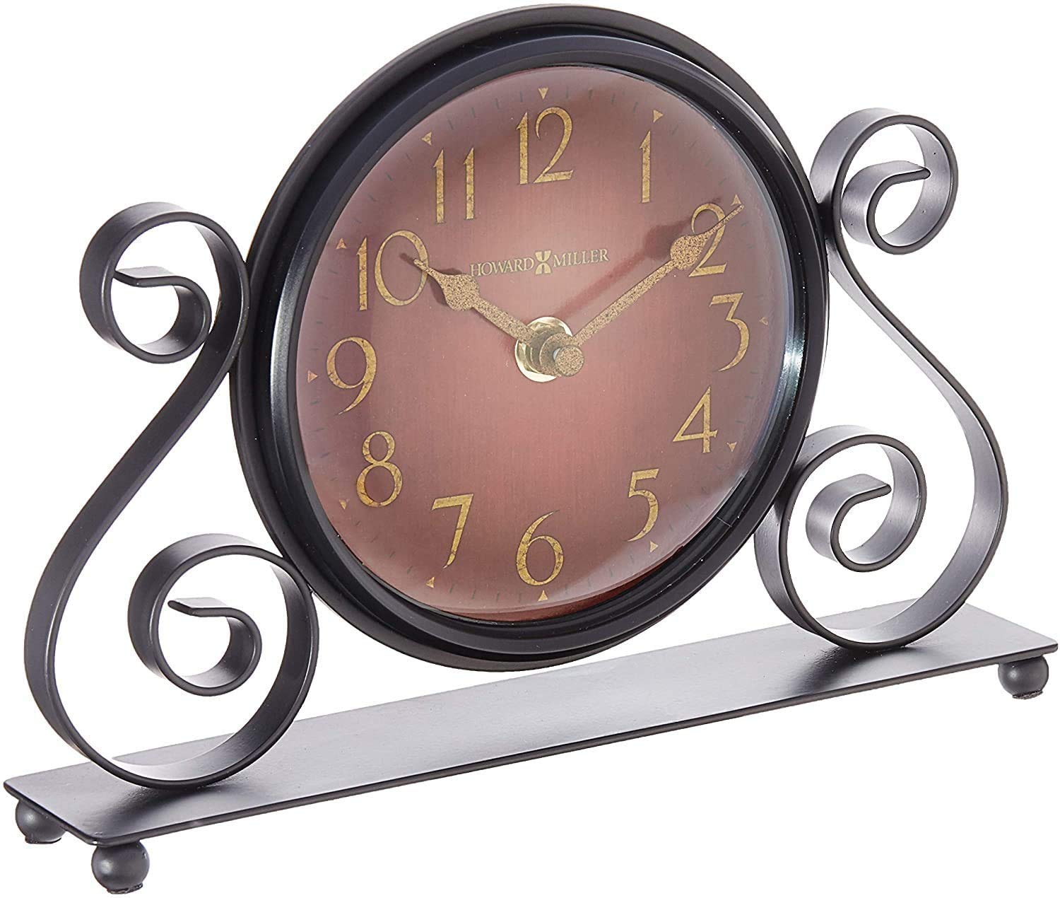 Howard Miller Marisa Table Clock 645-649 – Metal Bent Iron Scroll Design & Charcoal Black Base with Quartz Movement