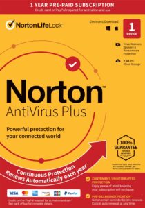 norton antivirus plus, 2023 ready, antivirus software for 1 device with auto-renewal - includes password manager, smart firewall and pc cloud backup [key card]