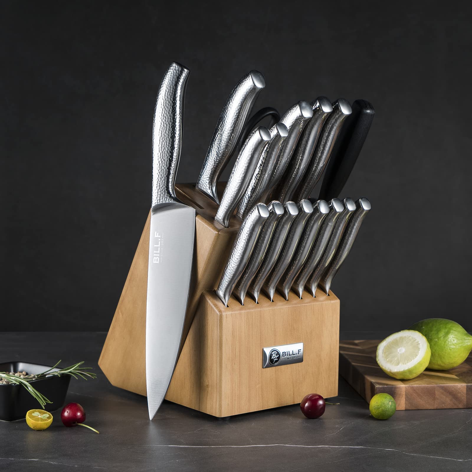 Knife Sets for Kitchen with Block, BILL.F 18 Pieces Set of Knives for Kitchen with Block and Sharpener, Stainless Steel Knife Set with Steak Knives Set of 8 and Scissors Chef Knife Professional