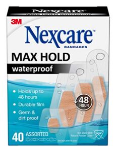 nexcare max hold waterproof bandages, stays on for 48 hours, flexible bandages for fingers, knees and heels - 40 pack clear waterproof bandages