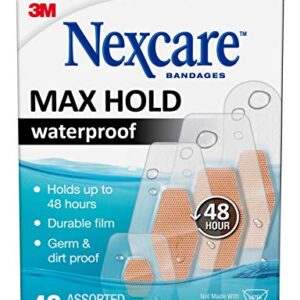 Nexcare Max Hold Waterproof Bandages, Stays On for 48 Hours, Flexible Bandages for Fingers, Knees and Heels - 40 Pack Clear Waterproof Bandages