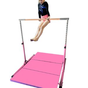 X-Factor 5 Ft Horizontal Bar Athletic Teens Adjustable Gymnastics 280 LB Capacity Children Junior Training Kip Bars Pink with 4' Ft x 8' Ft Gymnastic Mat Set