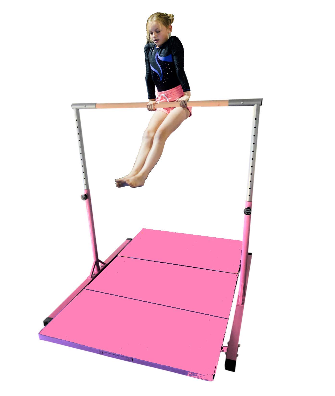 X-Factor 5 Ft Horizontal Bar Athletic Teens Adjustable Gymnastics 280 LB Capacity Children Junior Training Kip Bars Pink with 4' Ft x 8' Ft Gymnastic Mat Set