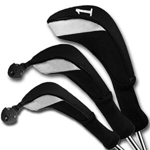 finger ten golf club head covers woods driver fairway hybrid 3/4/5 set, headcovers men 1 3 5 7 x interchangeable number tag, fit all wood clubs (3 pack-black(1d+1f+1h))