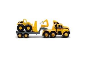 cat construction toys, heavy mover, semi truck and trailer with mini crew front loader, lights and sounds, ages 3 and up