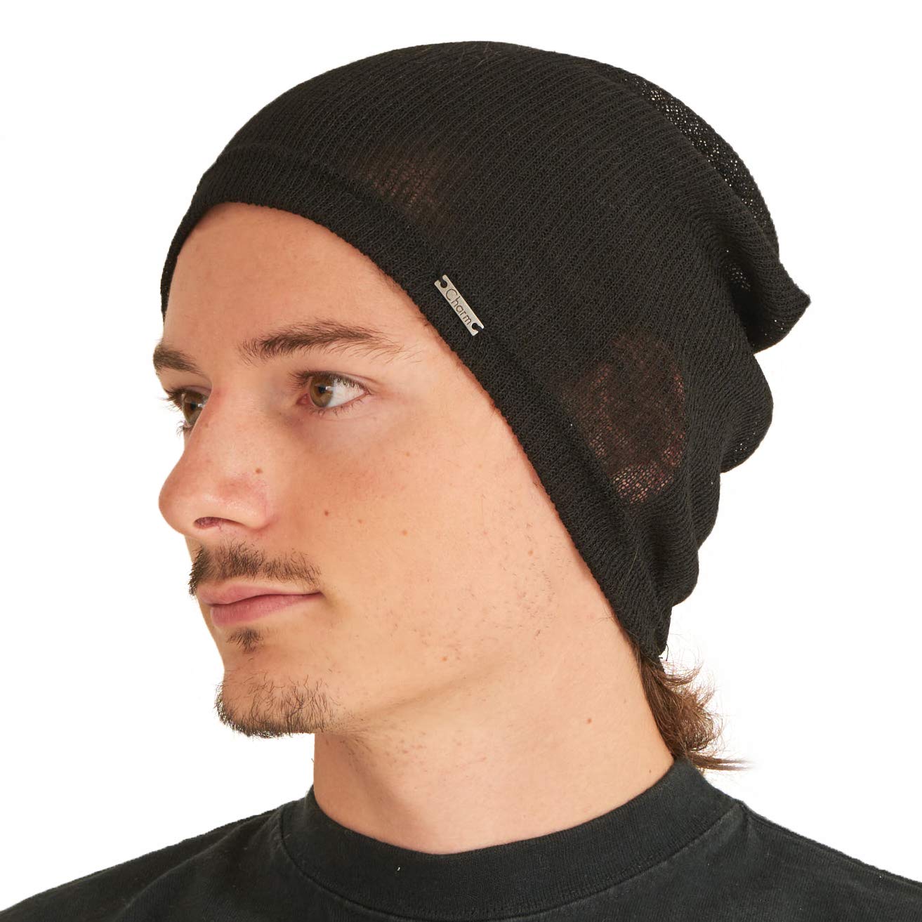 CHARM Mens Light Weight Summer Beanie - Womens Breathable Slouchy Beanie Knit Hat Baggy Slouch Cap Black