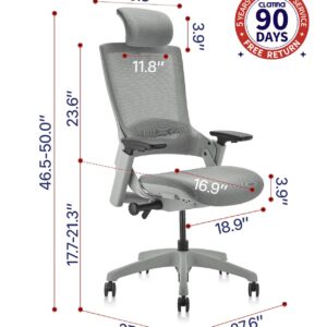 CLATINA Ergonomic High Swivel Executive Chair with Adjustable Height Head 3D Arm Rest Lumbar Support and Upholstered Back for Home Office Gray Mesh/High Back