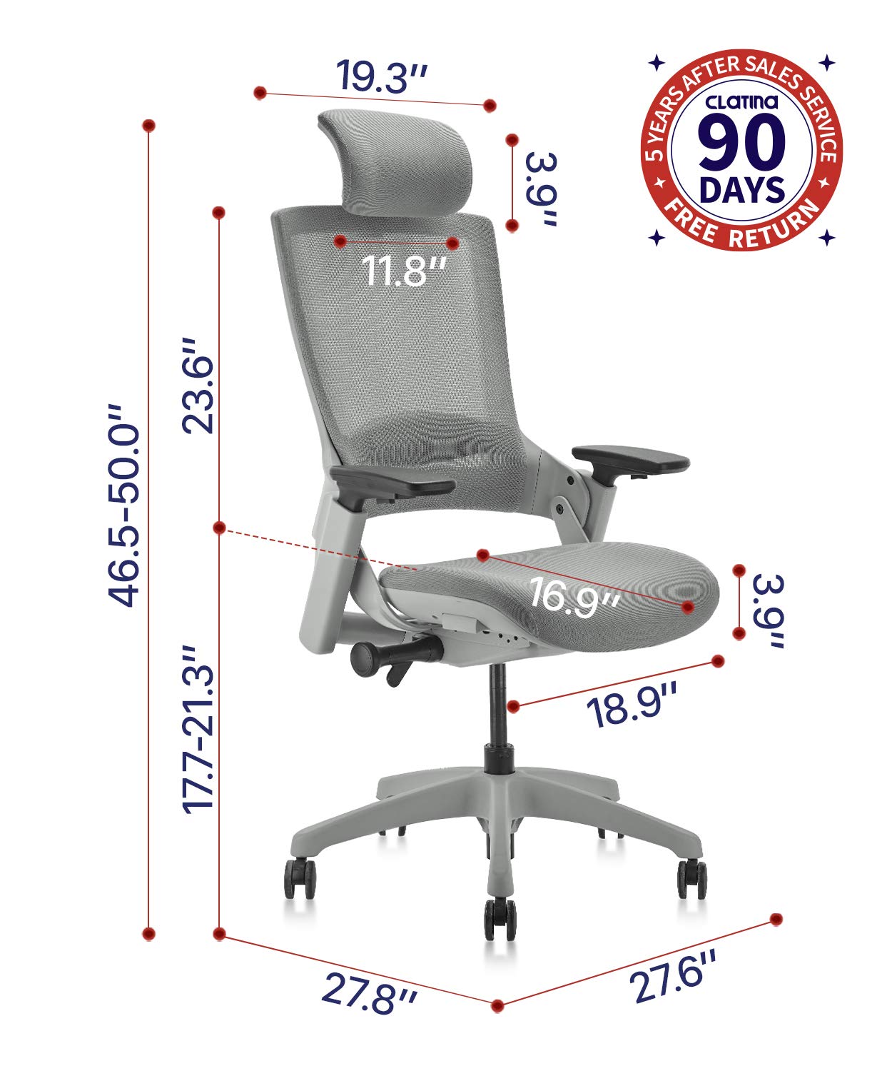 CLATINA Ergonomic High Swivel Executive Chair with Adjustable Height Head 3D Arm Rest Lumbar Support and Upholstered Back for Home Office Gray Mesh/High Back