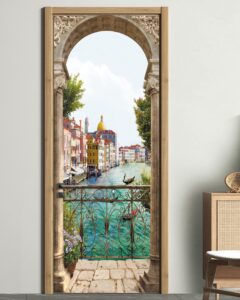 flfk door sticker - door mural peel and stick, removable self-adhesive italian water city door wallpaper for home decor, 30.3 "w x 78.7 "l, set of 2 sheets