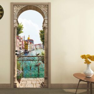 FLFK Door Sticker - Door Mural Peel and Stick, Removable Self-Adhesive Italian Water City Door Wallpaper for Home Decor, 30.3 "W x 78.7 "L, Set of 2 Sheets