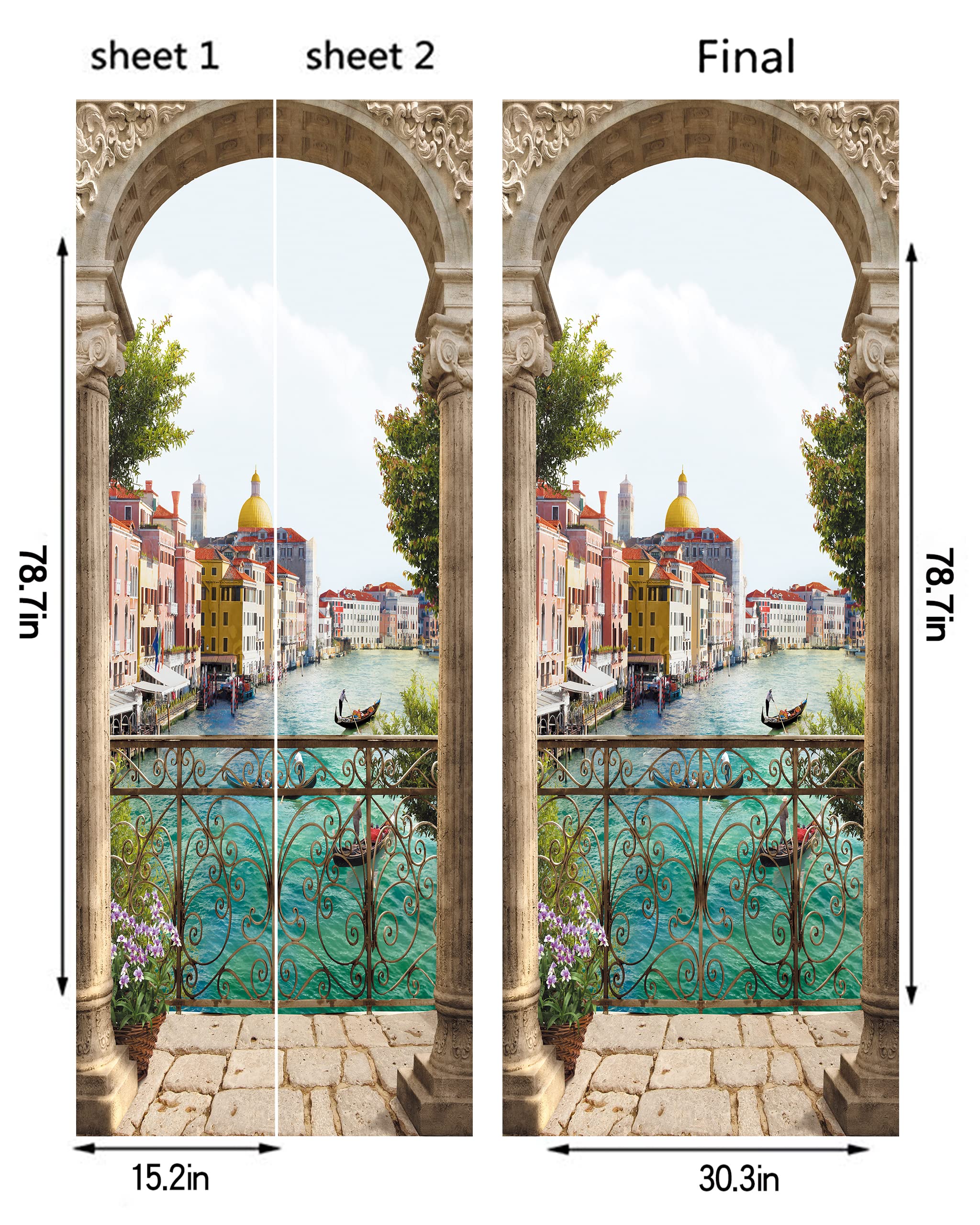 FLFK Door Sticker - Door Mural Peel and Stick, Removable Self-Adhesive Italian Water City Door Wallpaper for Home Decor, 30.3 "W x 78.7 "L, Set of 2 Sheets