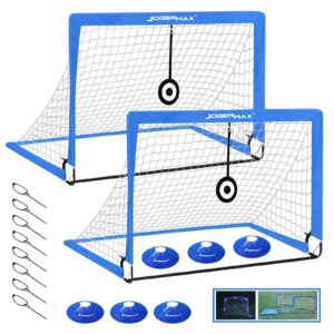 jogenmax portable kids soccer goal, pop up goal nets with led lights,set of 2, with agility training cones, carry case gift for kids teen boy & adults size 4‘x3’(blue)