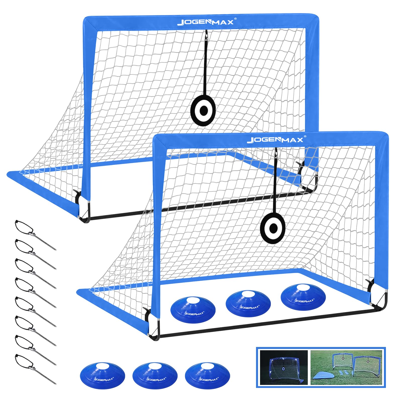 JOGENMAX Portable Kids Soccer Goal, Pop Up Goal Nets with Led Lights,Set of 2, with Agility Training Cones, Carry Case Gift for Kids Teen Boy & Adults Size 4‘X3’(Blue)