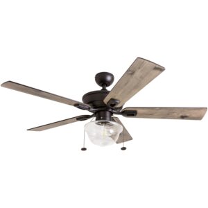 prominence home abner, 52 inch modern farmhouse indoor outdoor led ceiling fan with light, pull chain, three mounting options, dual finish blades, reversible motor - 80091-01 (bronze)