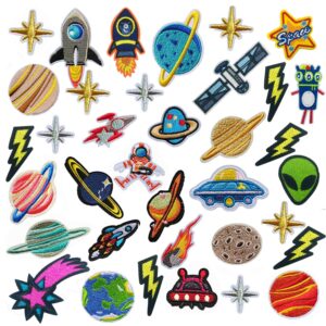 35 pcs iron on patches solar system appliques stickers woohome embroidered space planets patches applique kit for clothing, jackets, backpacks, jeans