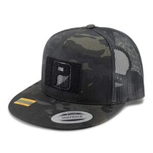 pull patch multicam camo flat bill snapback trucker hat | black camo & black cap | 2x3 in loop surface to attach morale patches