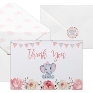 vns creations 50 baby shower thank you cards with envelopes - baby shower thank you cards - baby shower cards - elephant baby shower thank you cards - baby girl shower card with envelopes & stickers