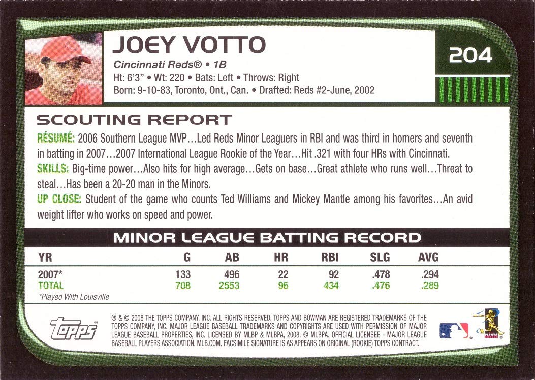 2008 Bowman #204 Joey Votto Baseball Card w/Rookie Card logo