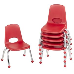 factory direct partners 10355-rd 10" school stack chair, stacking student seat with chromed steel legs and ball glides for in-home learning or classroom - red (6-pack)