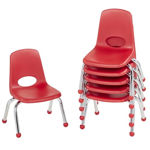 Factory Direct Partners 10355-RD 10" School Stack Chair, Stacking Student Seat with Chromed Steel Legs and Ball Glides for in-Home Learning or Classroom - Red (6-Pack)