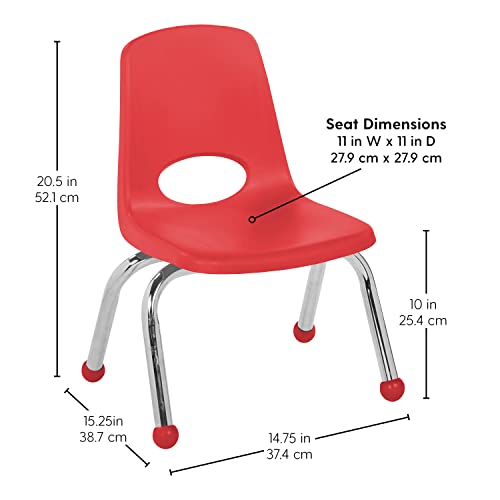 Factory Direct Partners 10355-RD 10" School Stack Chair, Stacking Student Seat with Chromed Steel Legs and Ball Glides for in-Home Learning or Classroom - Red (6-Pack)