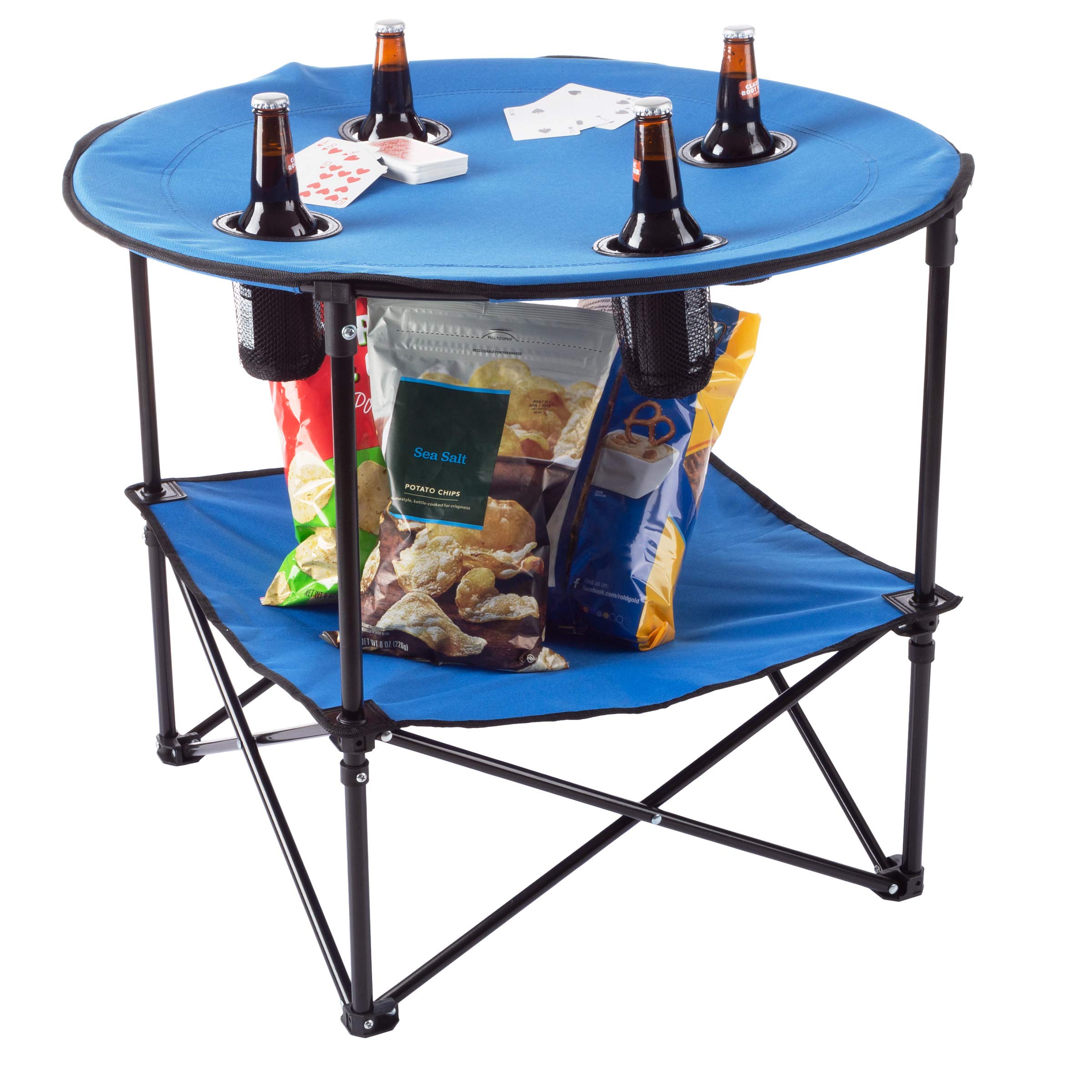 Wakeman Camp Table - Round 2-Tier Folding Table with 4 Cupholders and Carrying Bag - for Camping, Beach, Picnic, Sporting Events, and More Outdoors,Blue