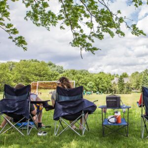 Wakeman Camp Table - Round 2-Tier Folding Table with 4 Cupholders and Carrying Bag - for Camping, Beach, Picnic, Sporting Events, and More Outdoors,Blue