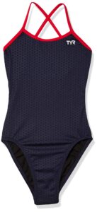 tyr women's standard durafast elite trinityfit swimsuit, navy/red, 36