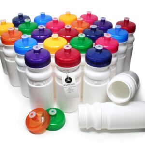 Rolling Sands 20 Ounce Sports Water Bottles 24 Pack, BPA-Free, Made in USA, Dishwasher Safe, White Bottles/Variety