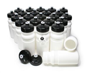 rolling sands 20 ounce sports water bottles 24 pack, bpa-free, made in usa, dishwasher safe, white bottles/black lids